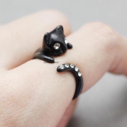 Adjustable Cute Black Kitty Cat With Cubic Tail Ring,cat Ring,Animal ...