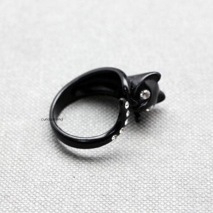 Adjustable Cute Black Kitty Cat With Cubic Tail Ring,cat Ring,Animal ...