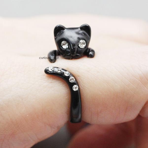 Adjustable Cute Black Kitty Cat With Cubic Tail Ring,cat Ring,animal ...
